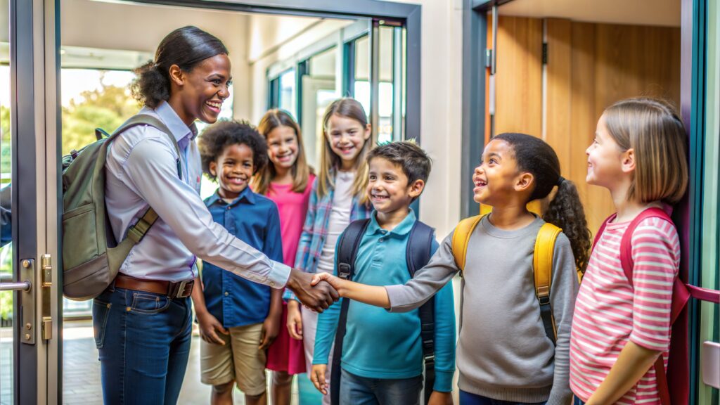 A welcoming teacher greeting diverse students at the classroom door ...